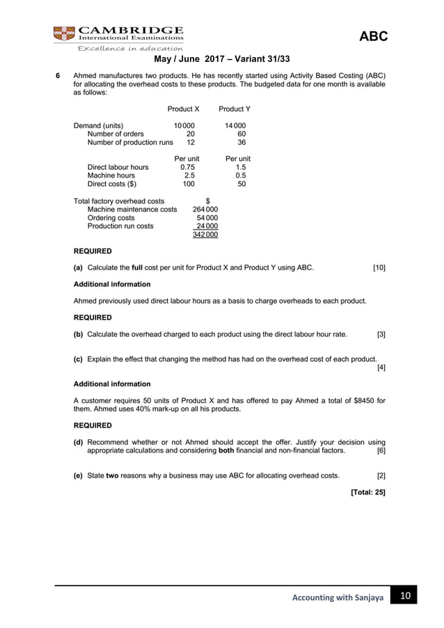 Cambridge a level Activity Based Costing (ABC) | PDF