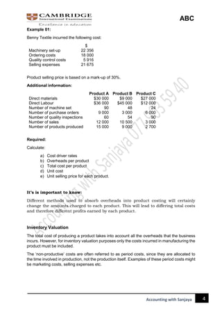 Cambridge a level Activity Based Costing (ABC) | PDF