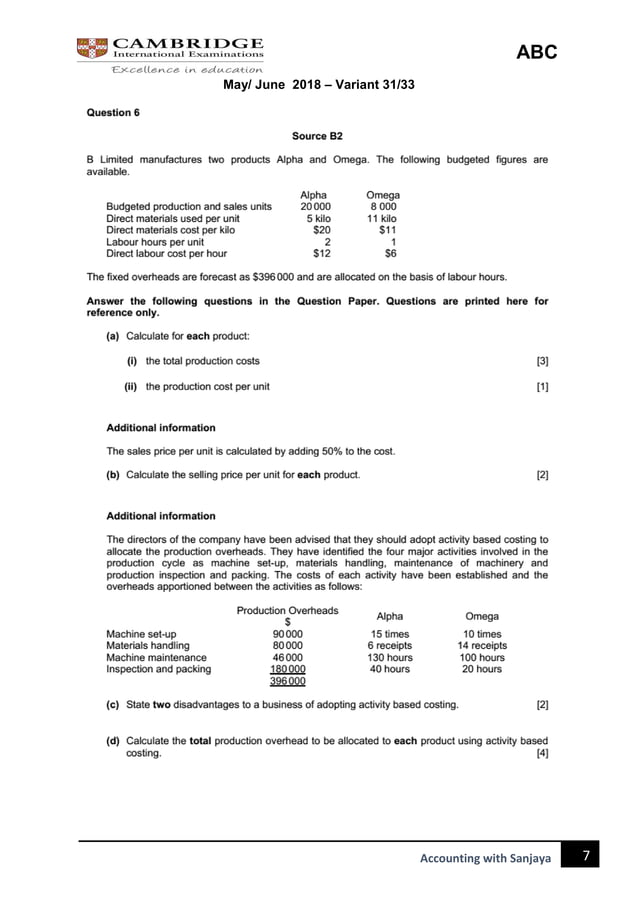 Cambridge a level Activity Based Costing (ABC) | PDF