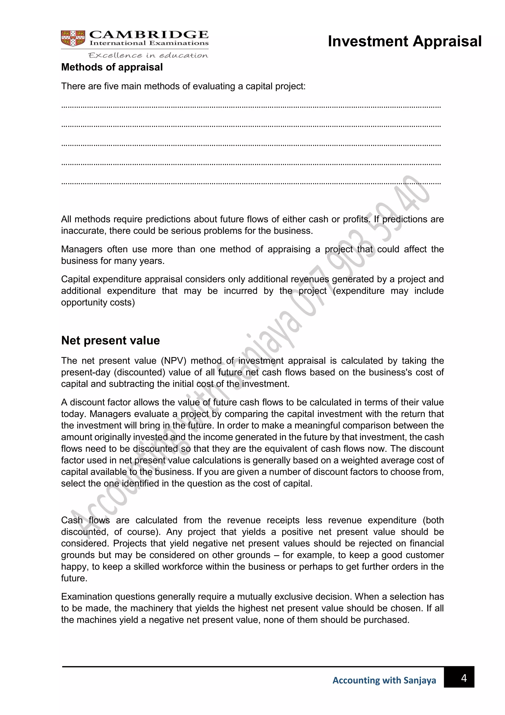 Cambridge a level investment appraisal | PDF