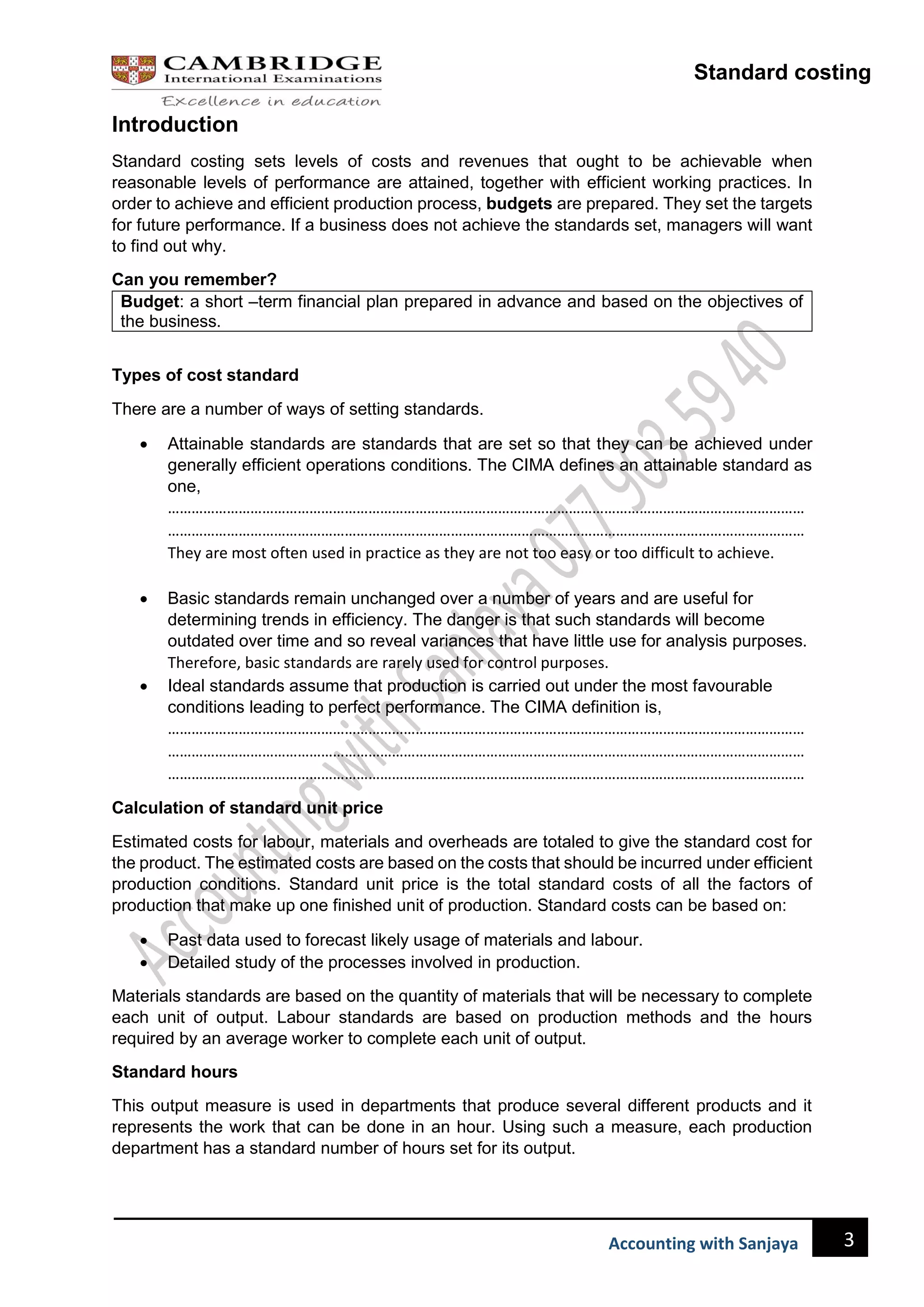Cambridge a level standard costing | PDF
