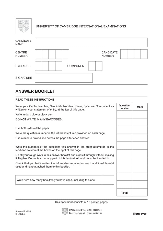 Cambridge answer booklet