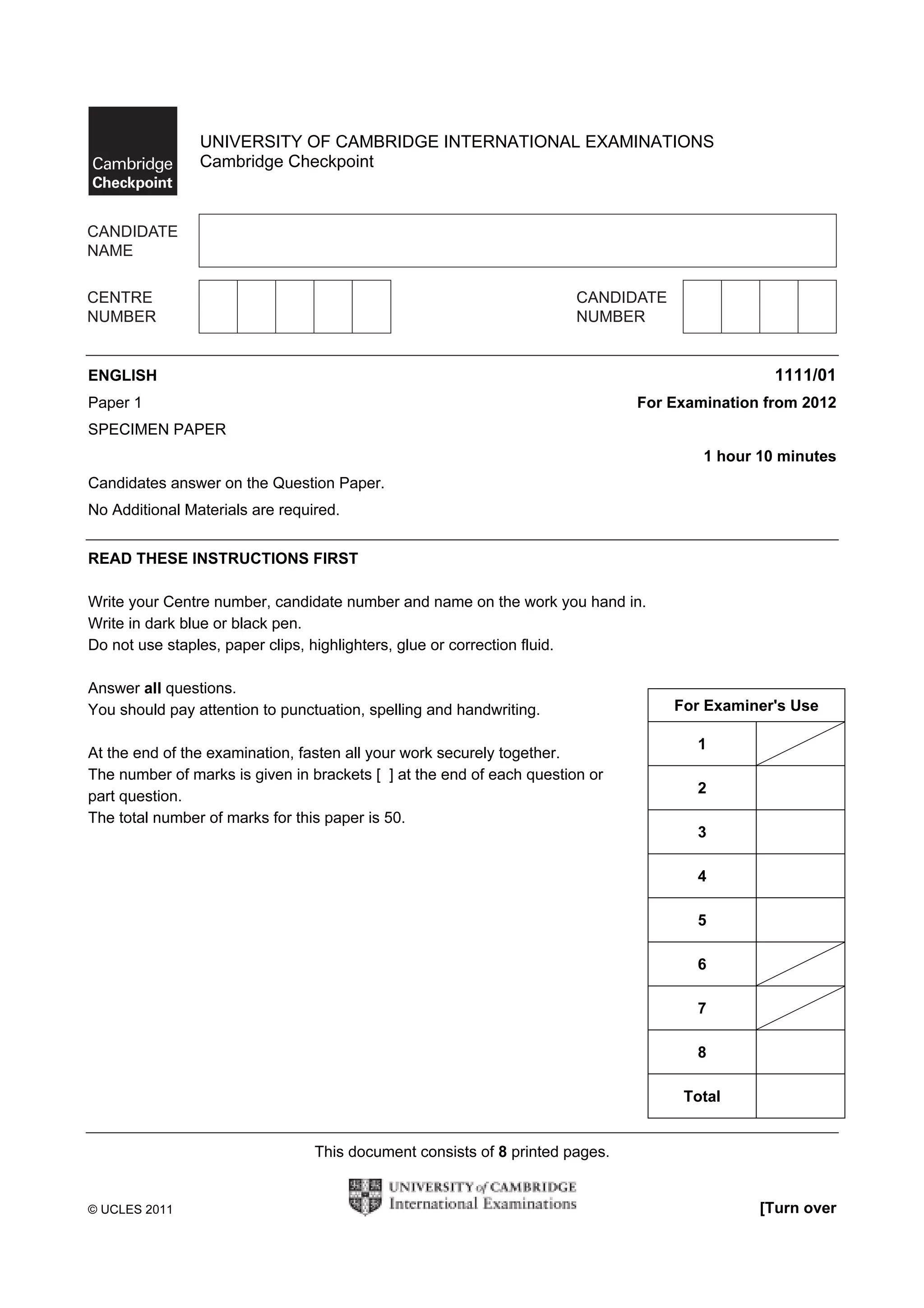 Cambridge checkpoint english p1 specimen 2012 | PDF