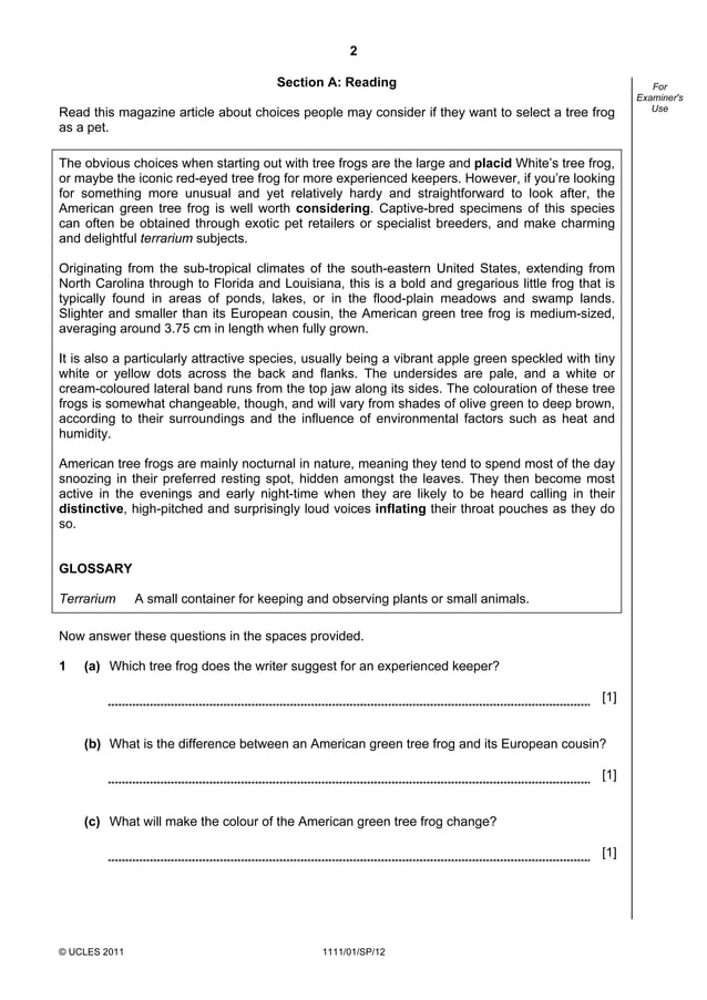 Cambridge checkpoint english p1 specimen 2012 Cambridge checkpoint english p1 specimen 2012