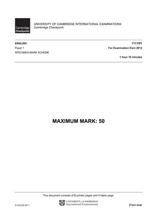 Cambridge checkpoint english p1 specimen mark scheme 2012 | PDF
