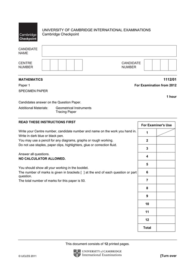 Cambridge checkpoint maths p1 specimen 2012 | PDF | Educational ...