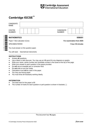 Cambridge IGCSE 0580 Mathematics specimen paper 1 for examination from ...
