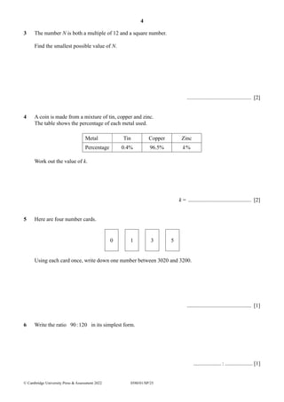 Cambridge IGCSE 0580 Mathematics specimen paper 1 for examination from ...