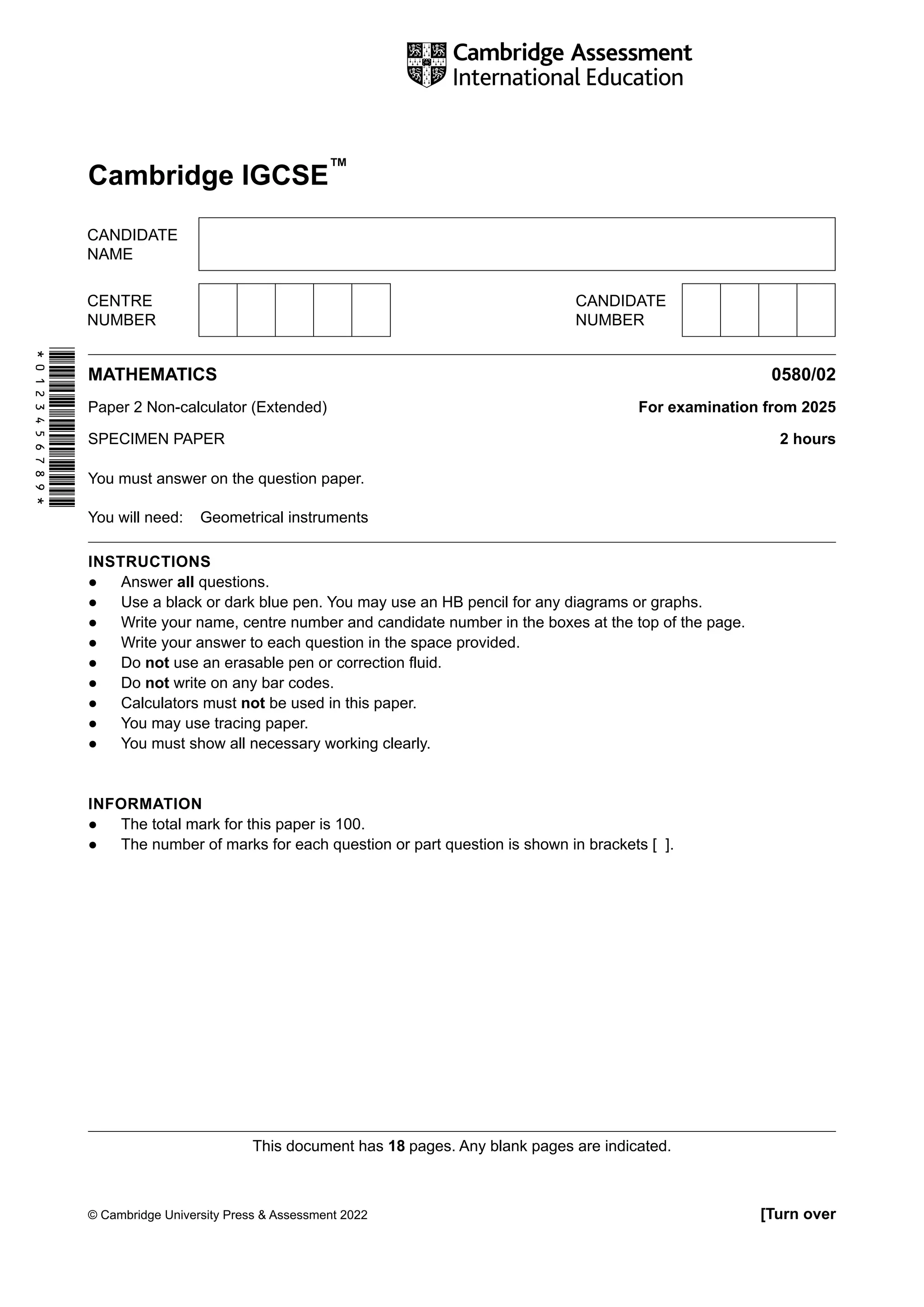 Cambridge IGCSE 0580 Mathematics specimen paper 2 for examination from ...