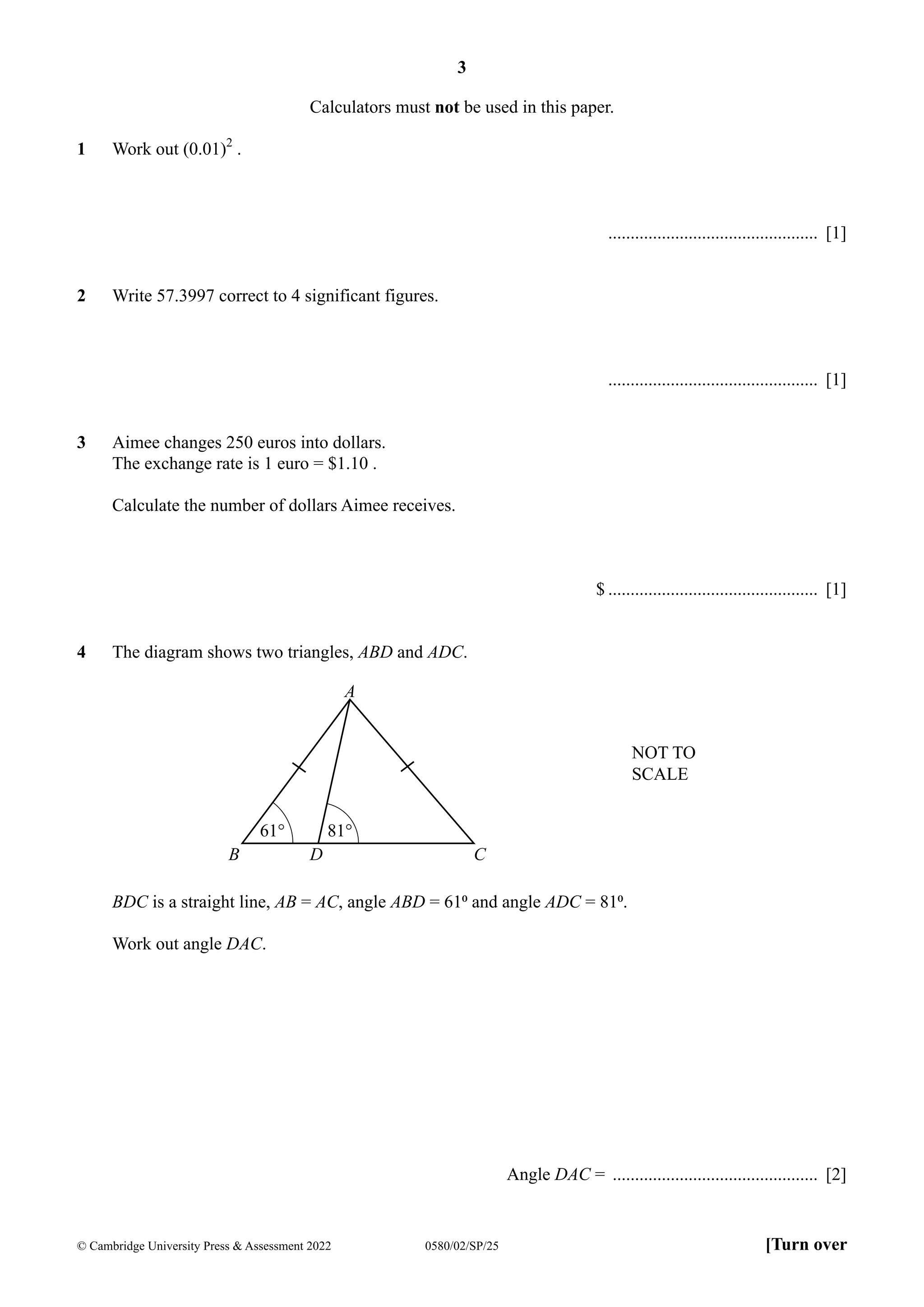 Cambridge IGCSE 0580 Mathematics specimen paper 2 for examination from ...