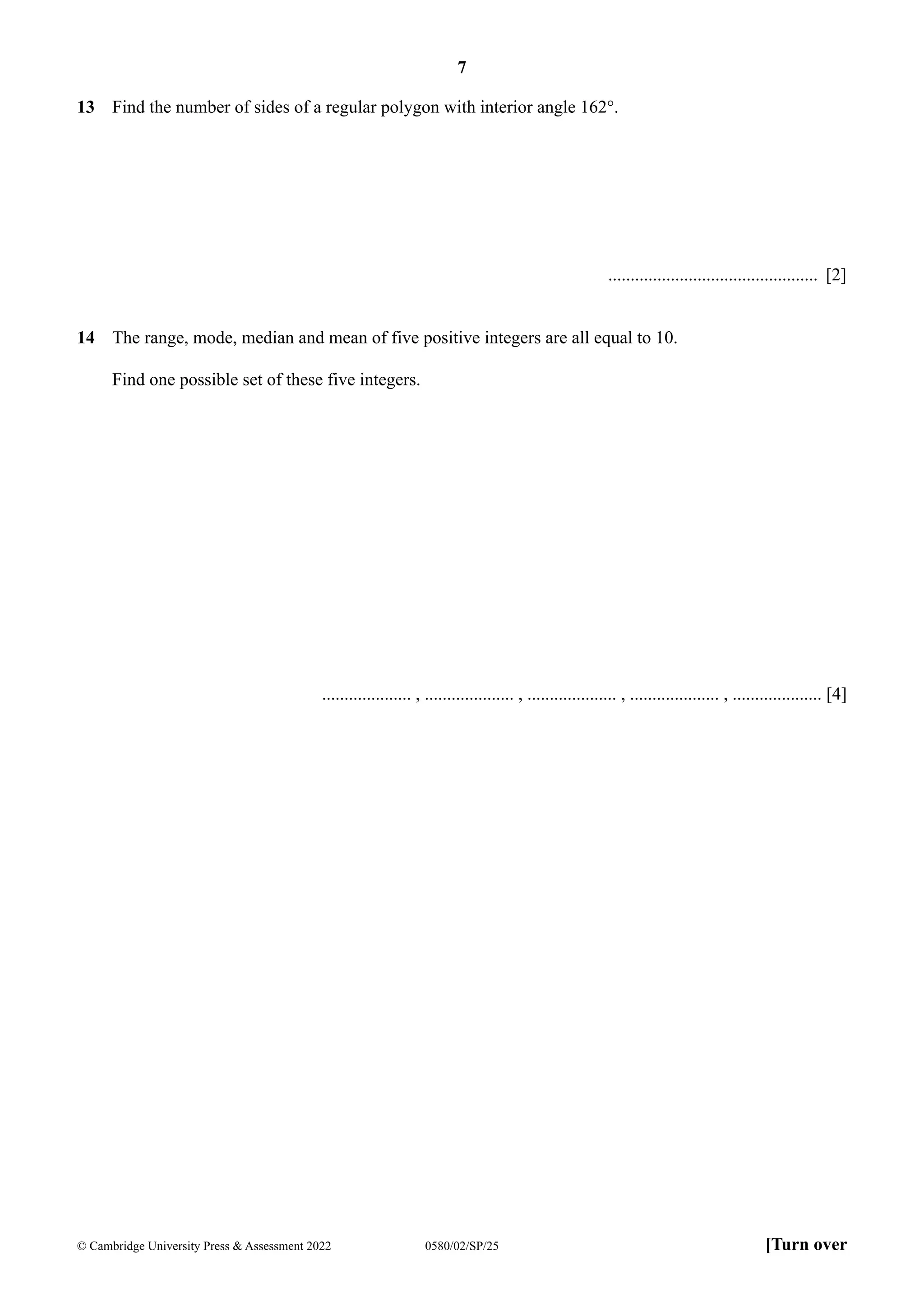 Cambridge IGCSE 0580 Mathematics specimen paper 2 for examination from ...
