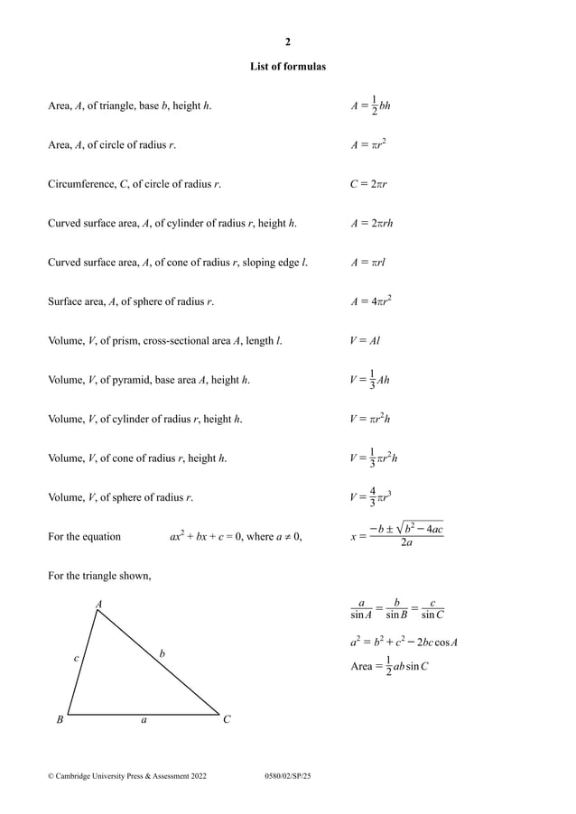 Cambridge IGCSE 0580 Mathematics specimen paper 2 for examination from ...