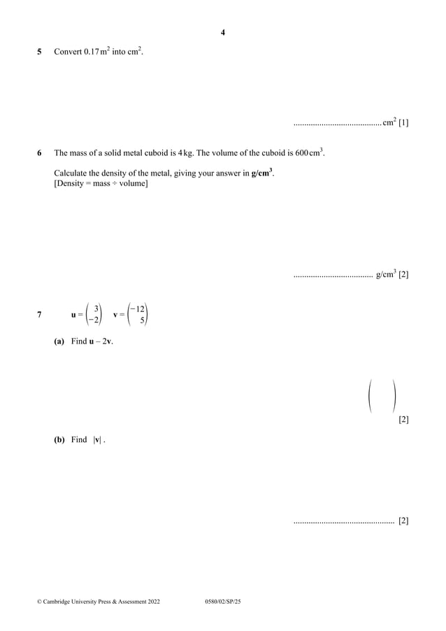 Cambridge IGCSE 0580 Mathematics specimen paper 2 for examination from ...