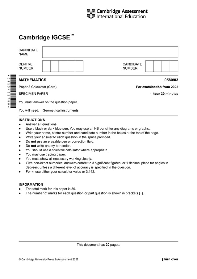 Cambridge IGCSE 0580 Mathematics specimen paper 3 for examination from ...