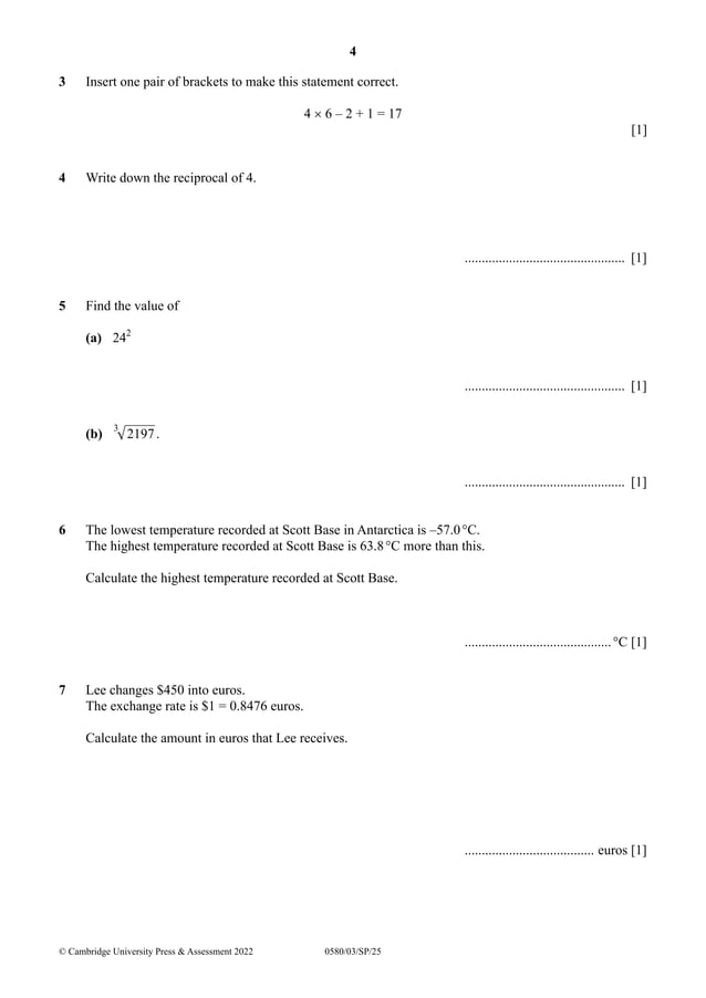 Cambridge IGCSE 0580 Mathematics specimen paper 3 for examination from ...