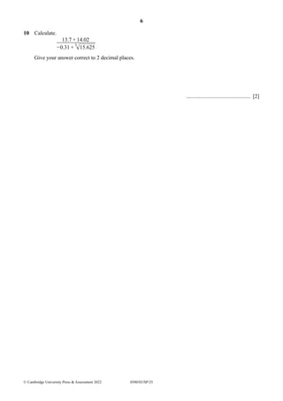 Cambridge IGCSE 0580 Mathematics specimen paper 3 for examination from ...