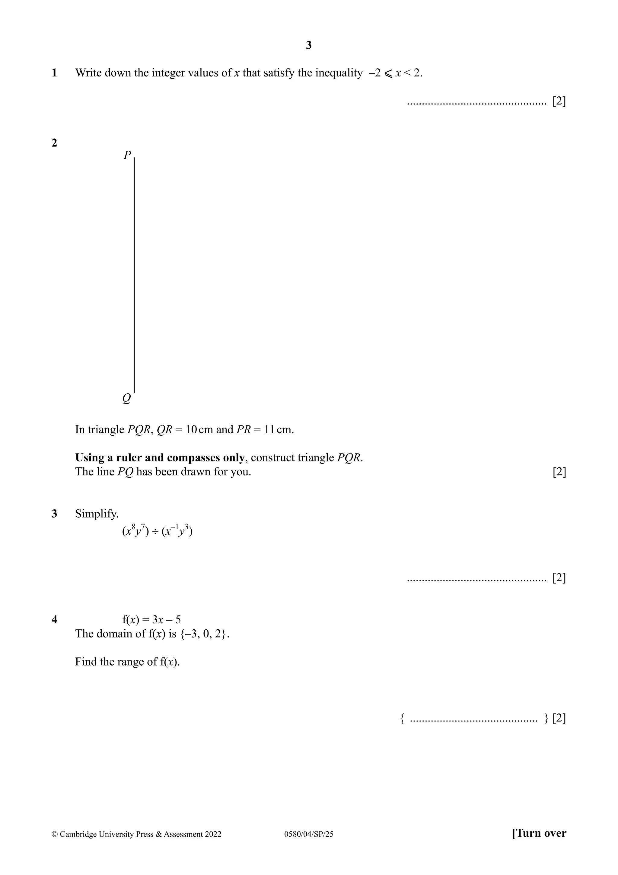 Cambridge Igcse 0580 Mathematics Specimen Paper 4 For Examination From 2025 Pdf