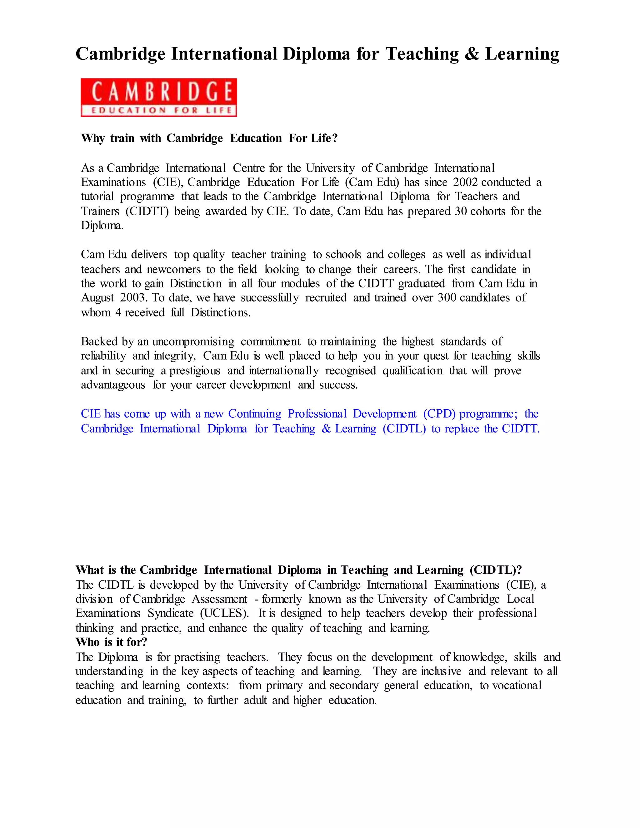 Cambridge international diploma for teaching | DOCX
