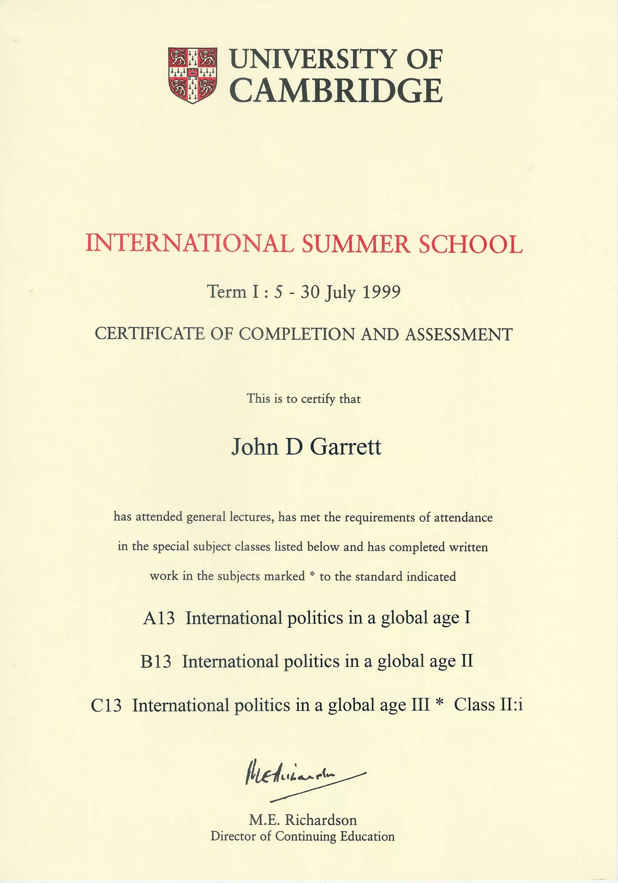 Cambridge International Summer School - 1st term certificate | PDF