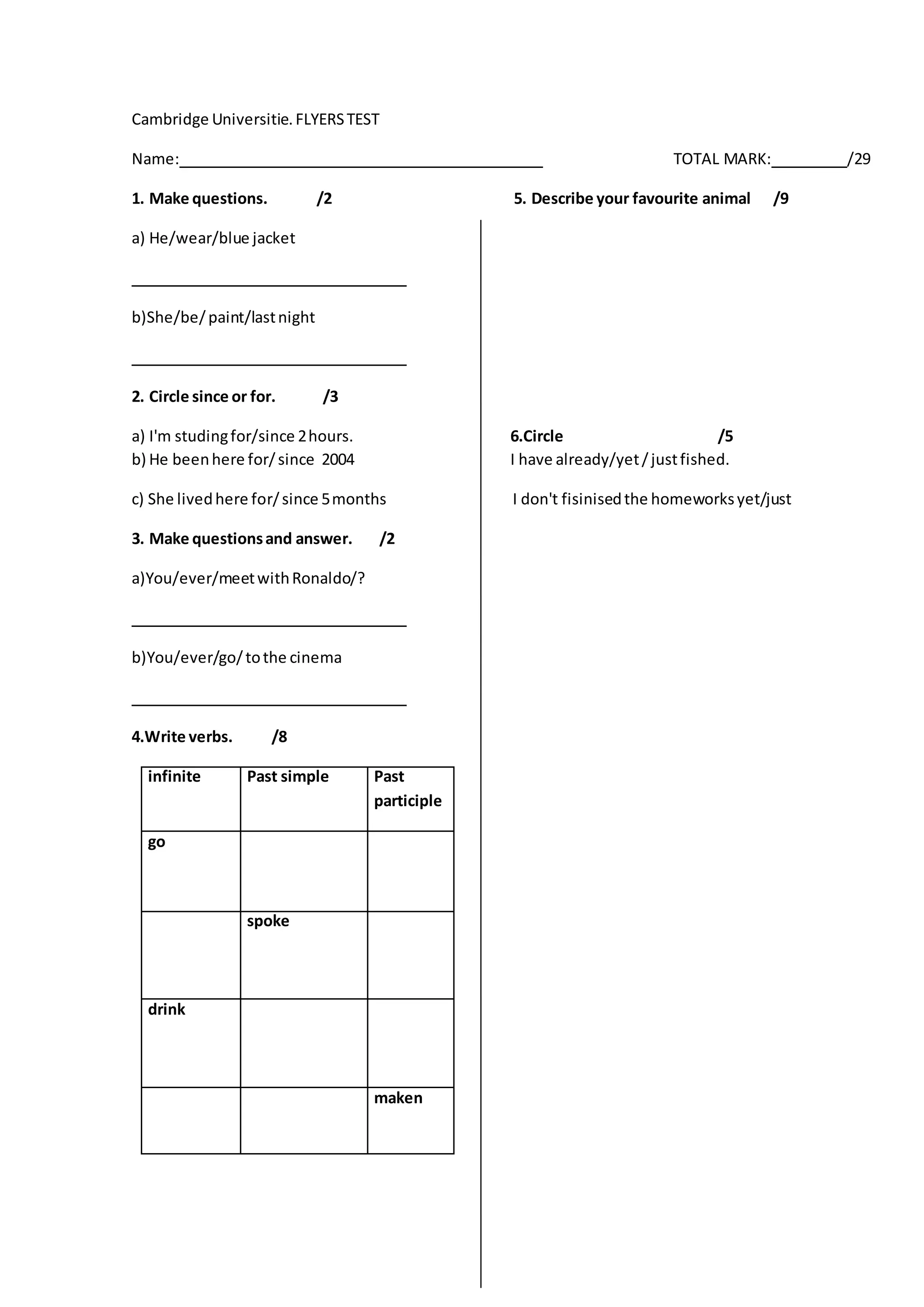 Exam of English. Flyers test | PDF