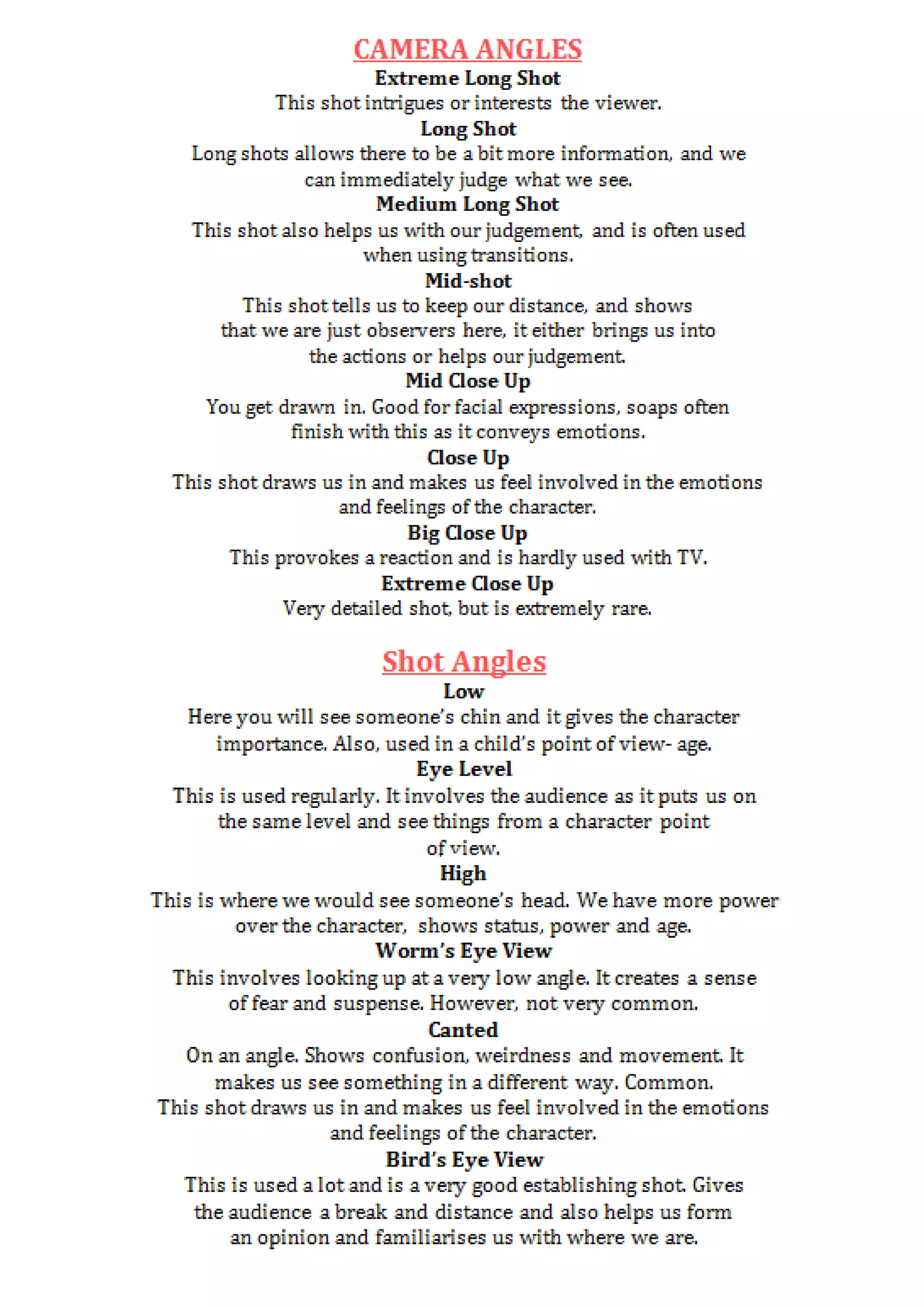 Different Camera Angles and Shots | PDF