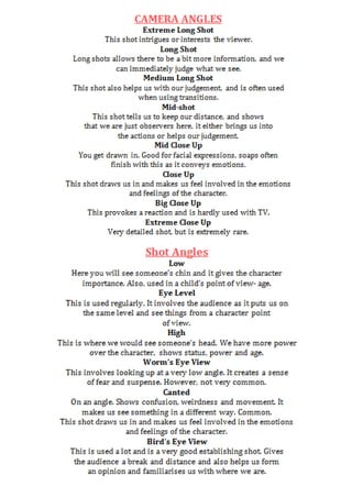 Different Camera Angles and Shots | PDF