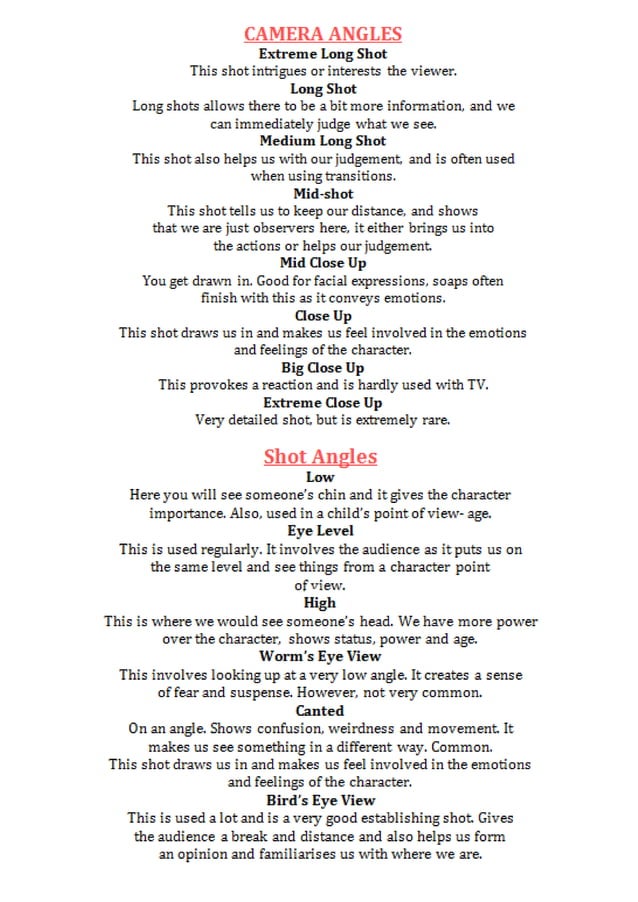 Different Camera Angles and Shots | PDF