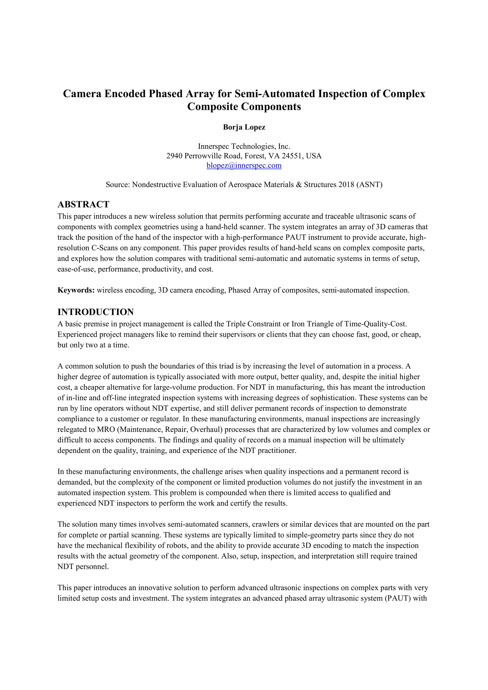 Camera Encoded Phased Array For Semi Automated Inspection Of Complex Composite Components Pdf