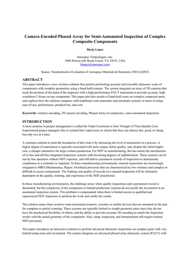 Camera Encoded Phased Array For Semi Automated Inspection Of Complex Composite Components Pdf