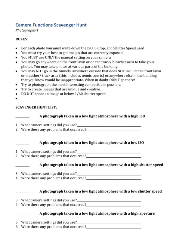 Camera functions scavenger hunt | DOCX | Photography | Arts and Crafts