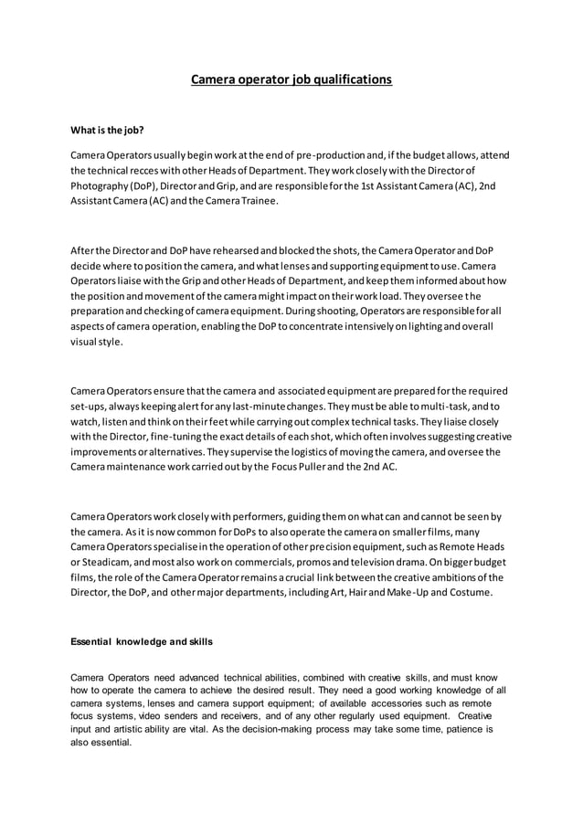 Camera operator job qualificationsbtgrebwtrewby | DOCX | Cameras and ...