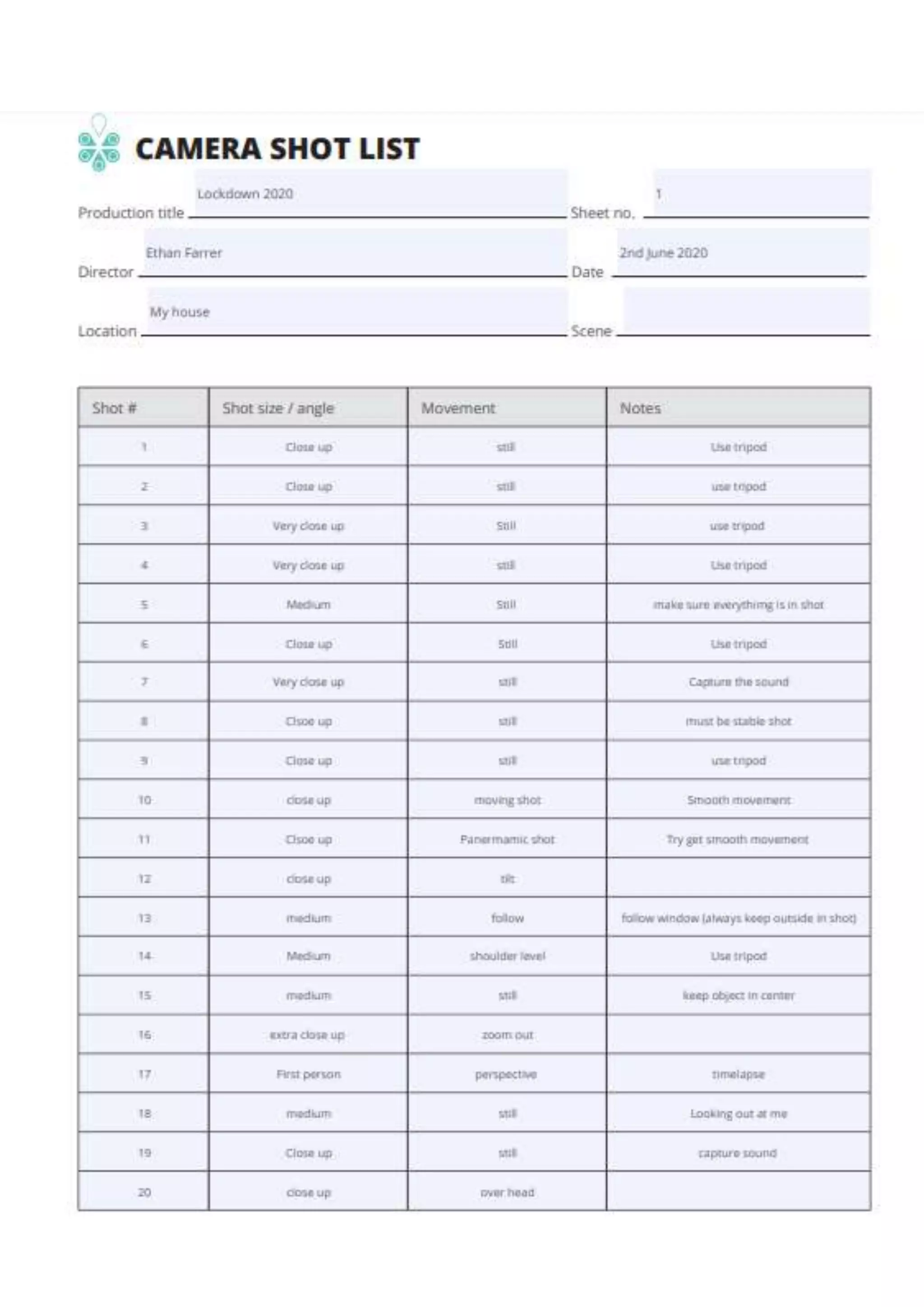 Camera shot list | DOCX