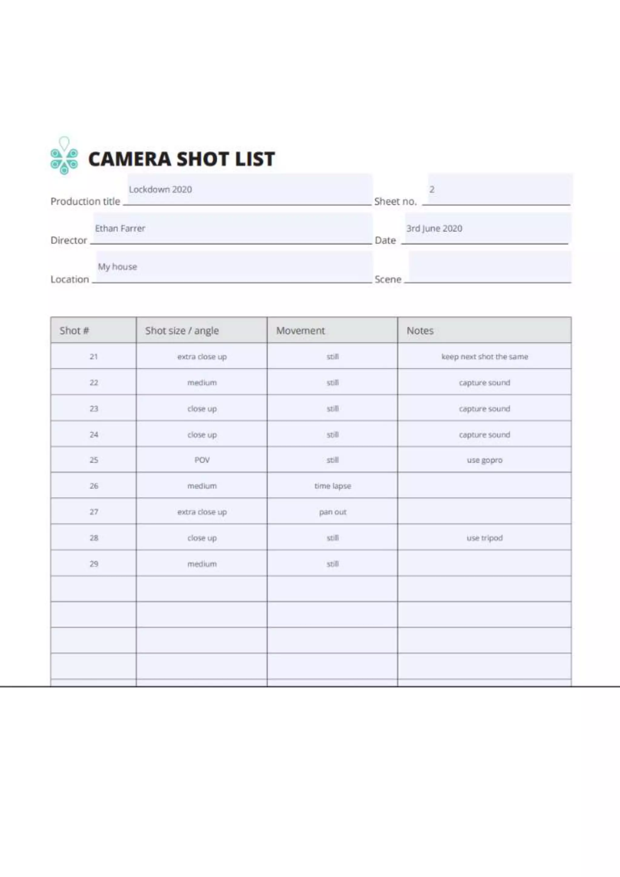 Camera shot list | PDF