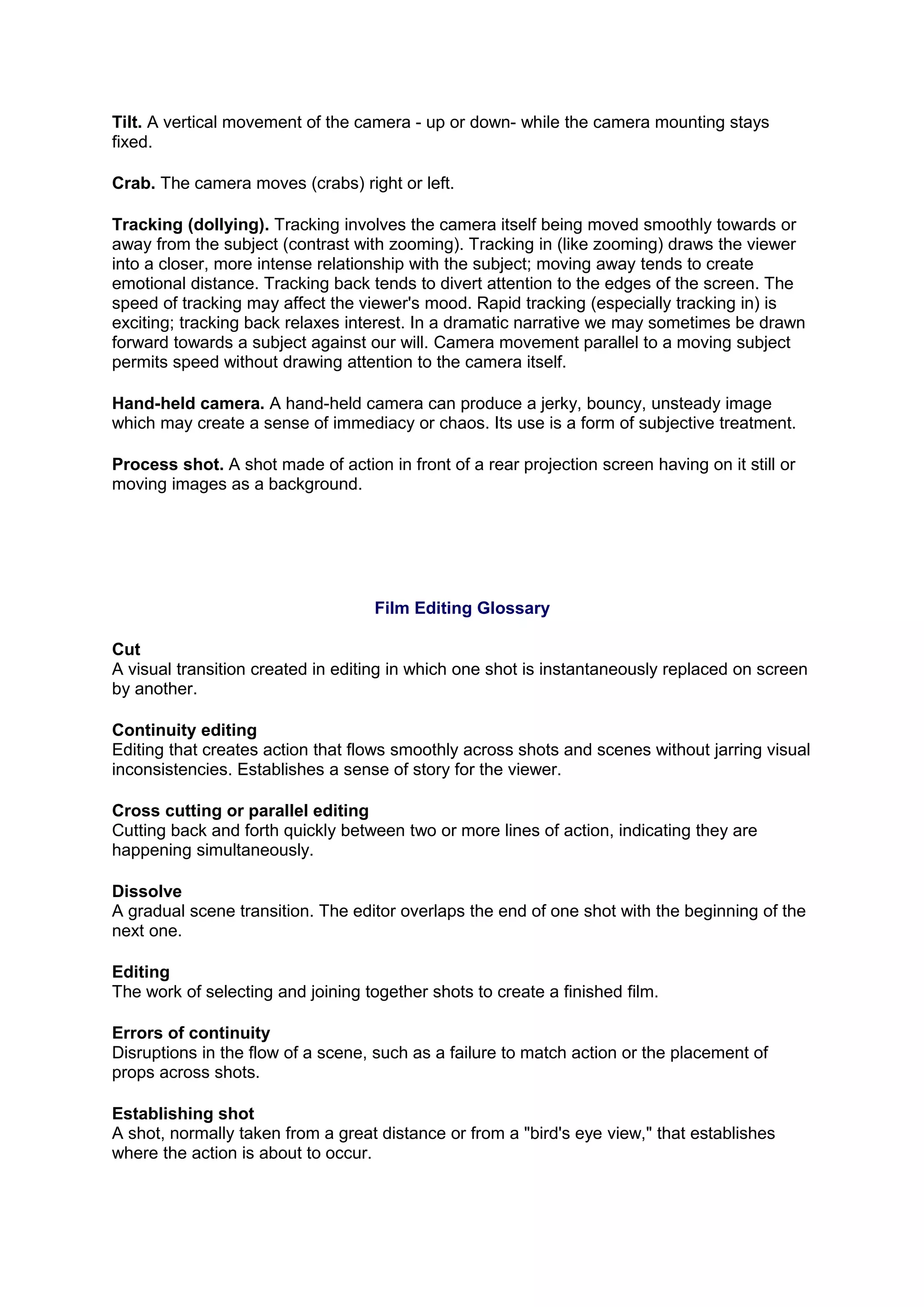 Camera shot movement angle and editing glossary | DOC