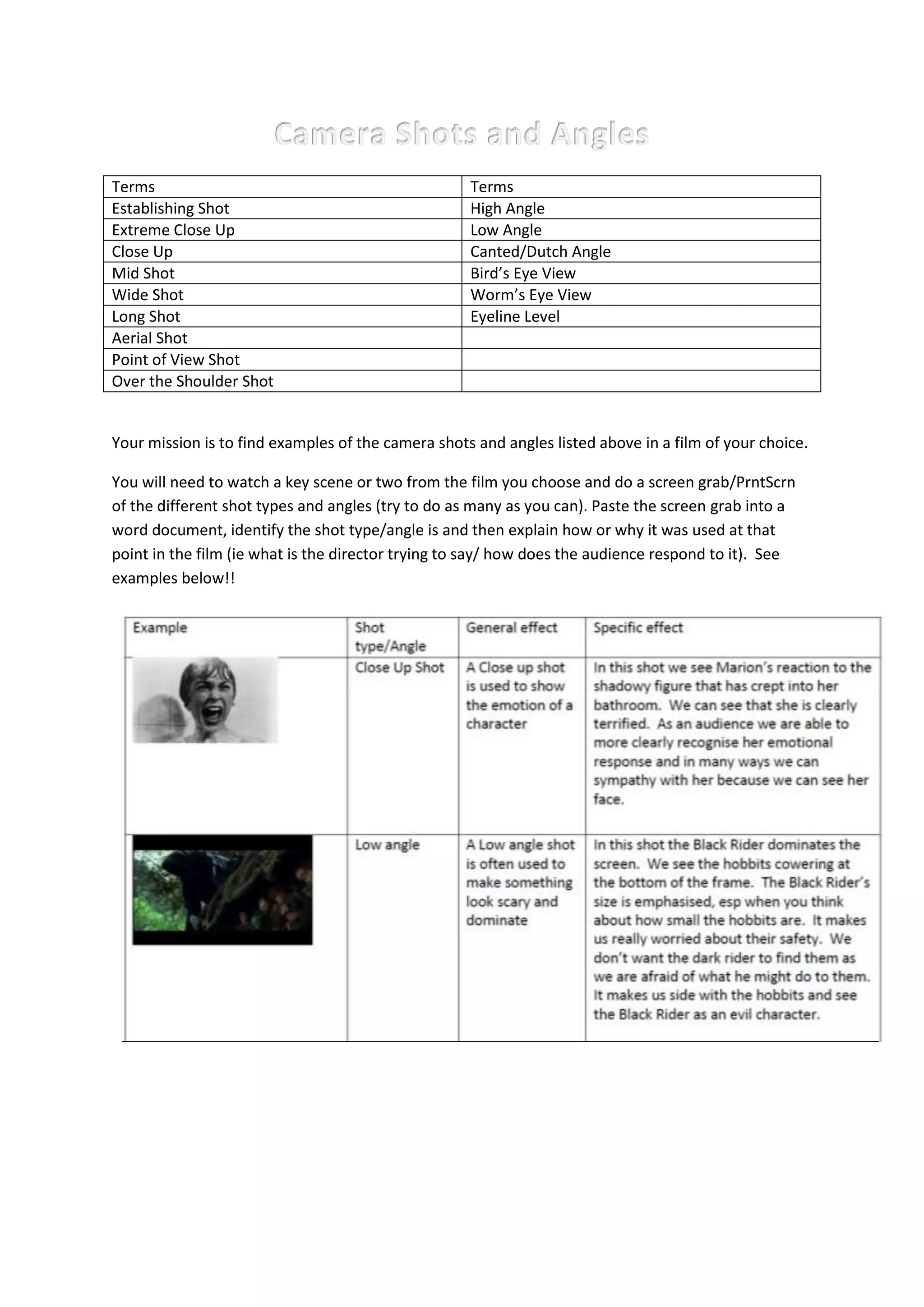 Camera Shots and Angles Task | DOCX