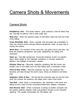 Camera shots and movements | PDF