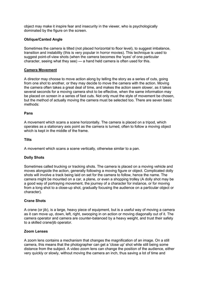 Camera Shots, Angles and Movement