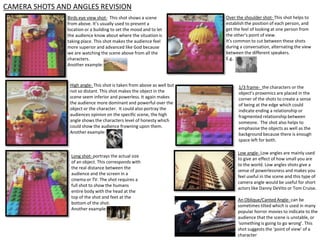 Camera shots, angles and movements revision | PPTX