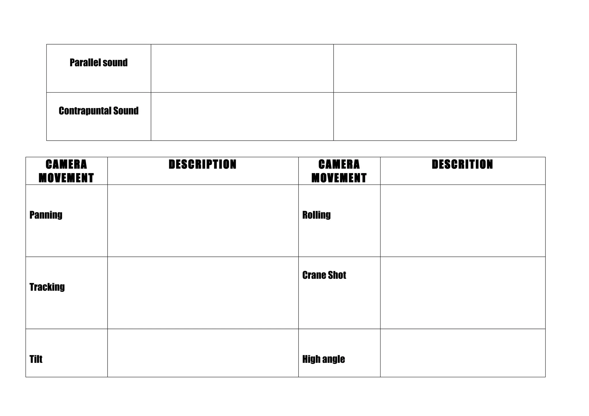 Camera shots, editing & sound worksheets | DOC