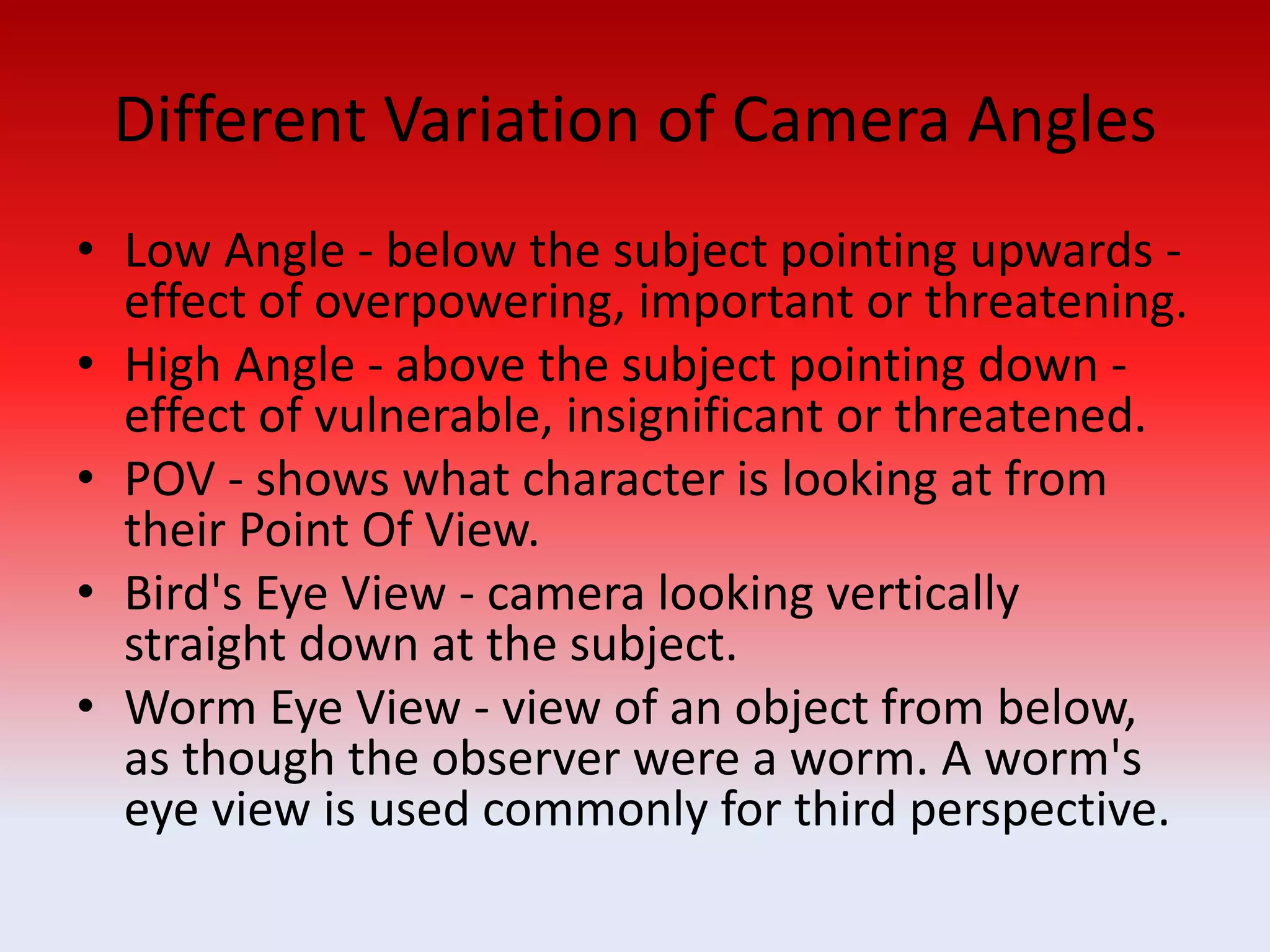 Camera shot size & angles teaching resource | PPT