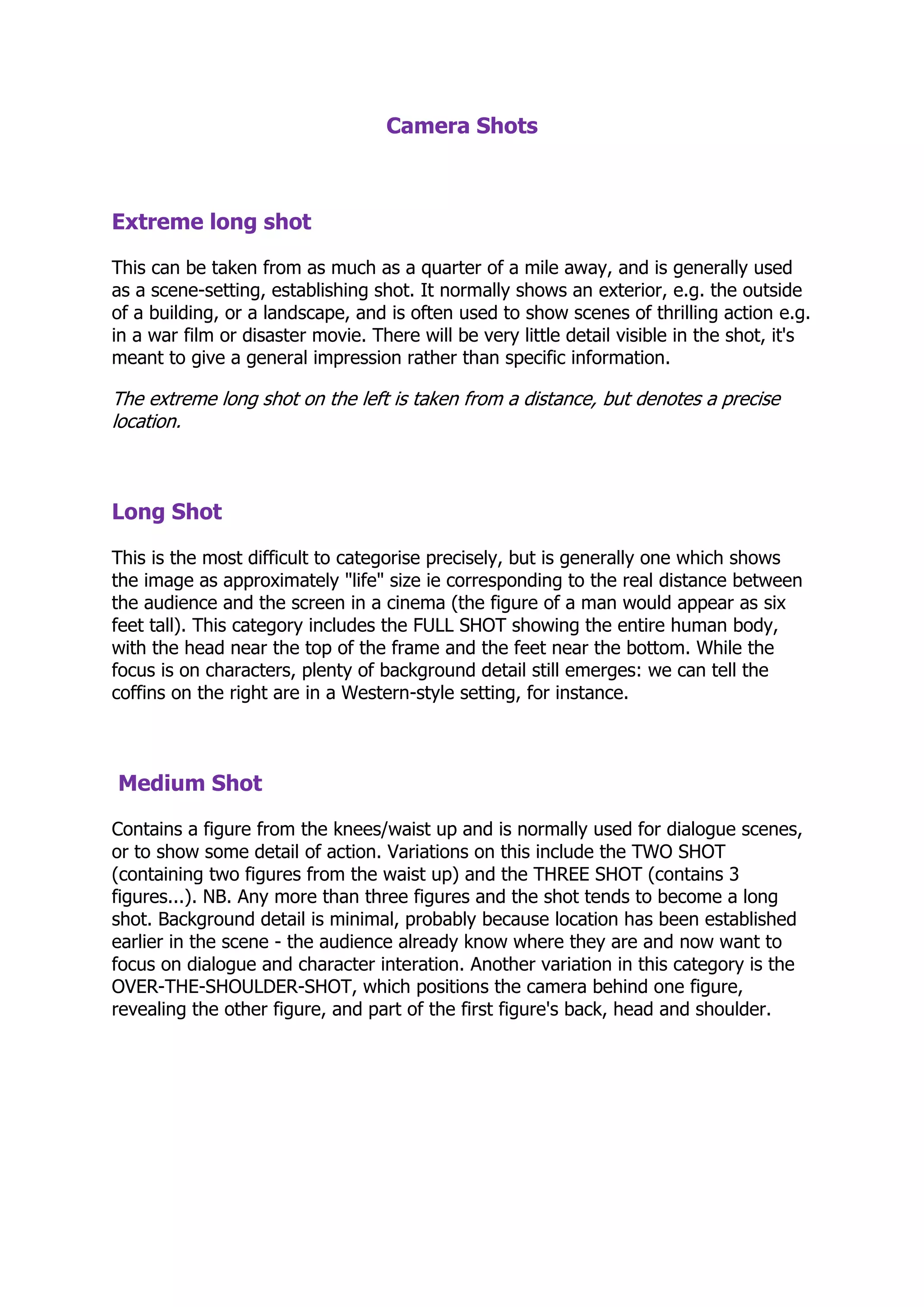 Camera Shots, Movement And Angles | DOCX
