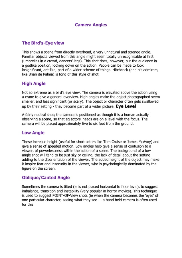 Camera Shots, Movement And Angles | PDF