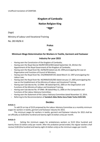(Camfeba) prakas no 283 on mw determination for workers in textile ...