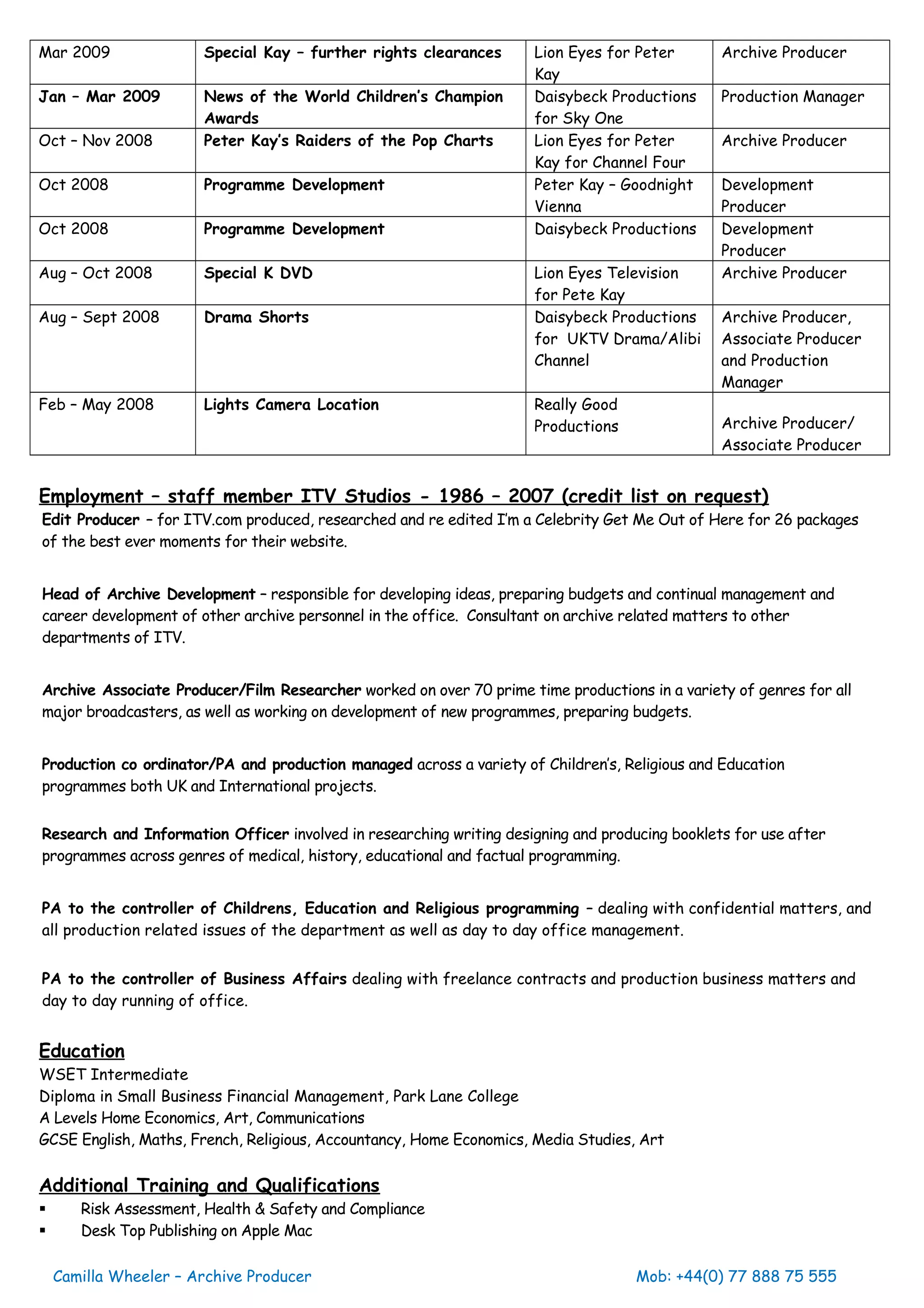 Camilla wheeler cv archive producer 3.02.2017