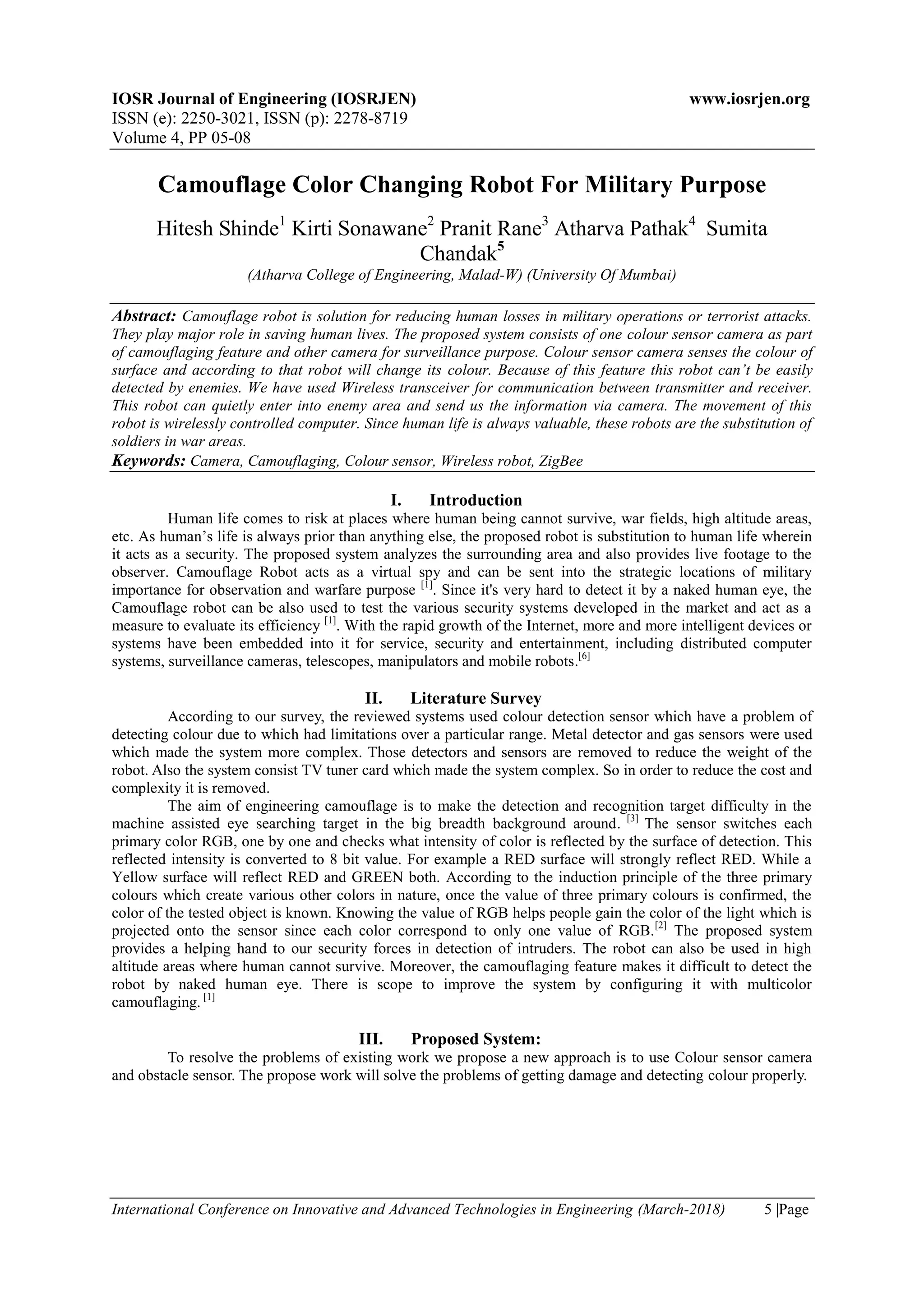 Camouflage color changing robot for miltary purpose | PDF