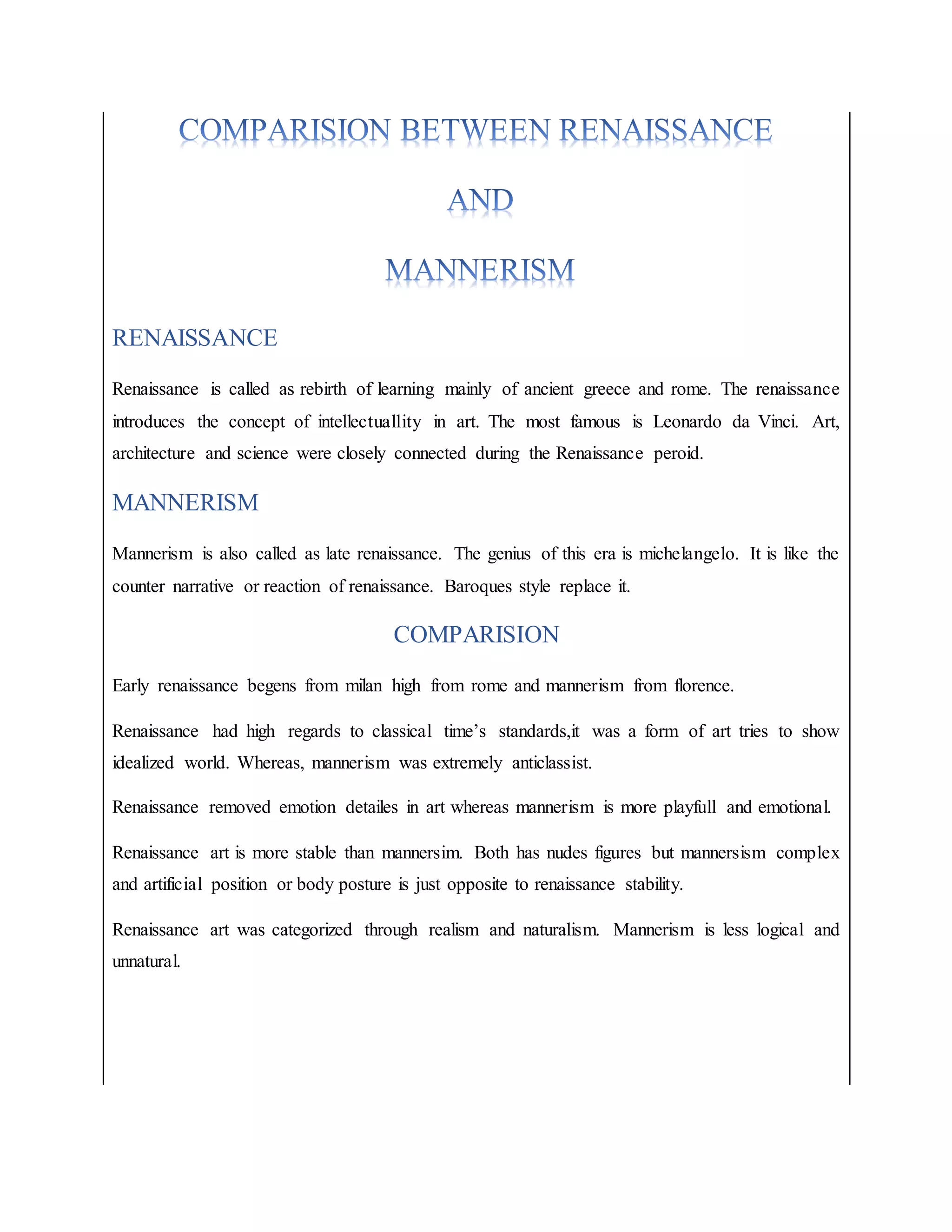 Camparision between renaissance and mannerism | DOCX | Fine Art