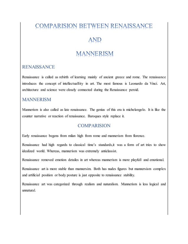 Camparision between renaissance and mannerism | DOCX | Fine Art