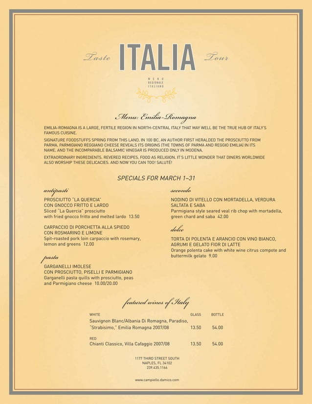 Campiello Naples Regional Menu | PDF
