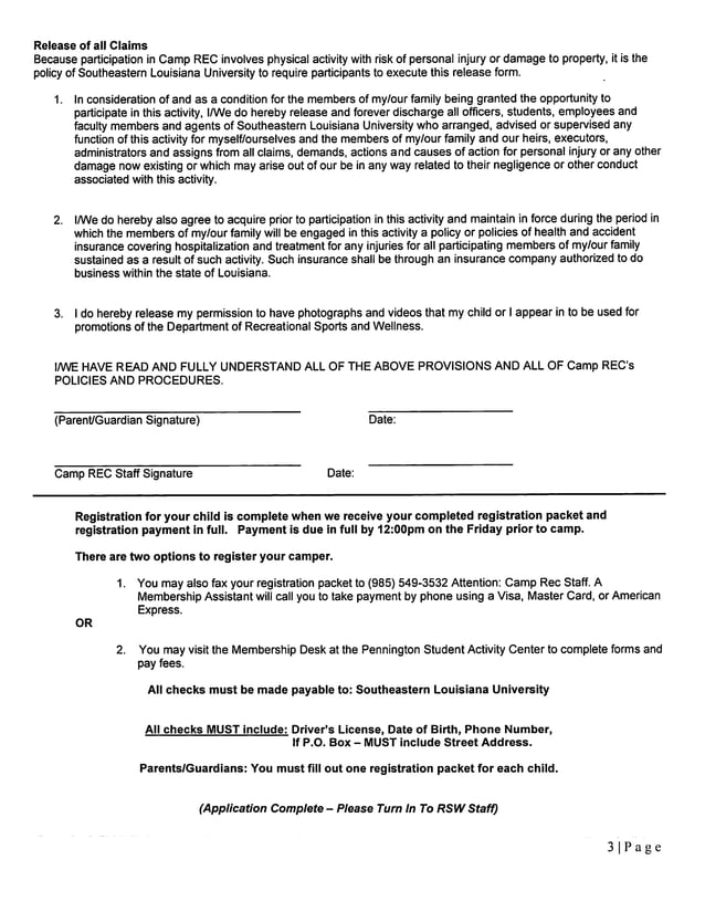 Camp rec registration packet fy 14 - w themes payment form | PDF