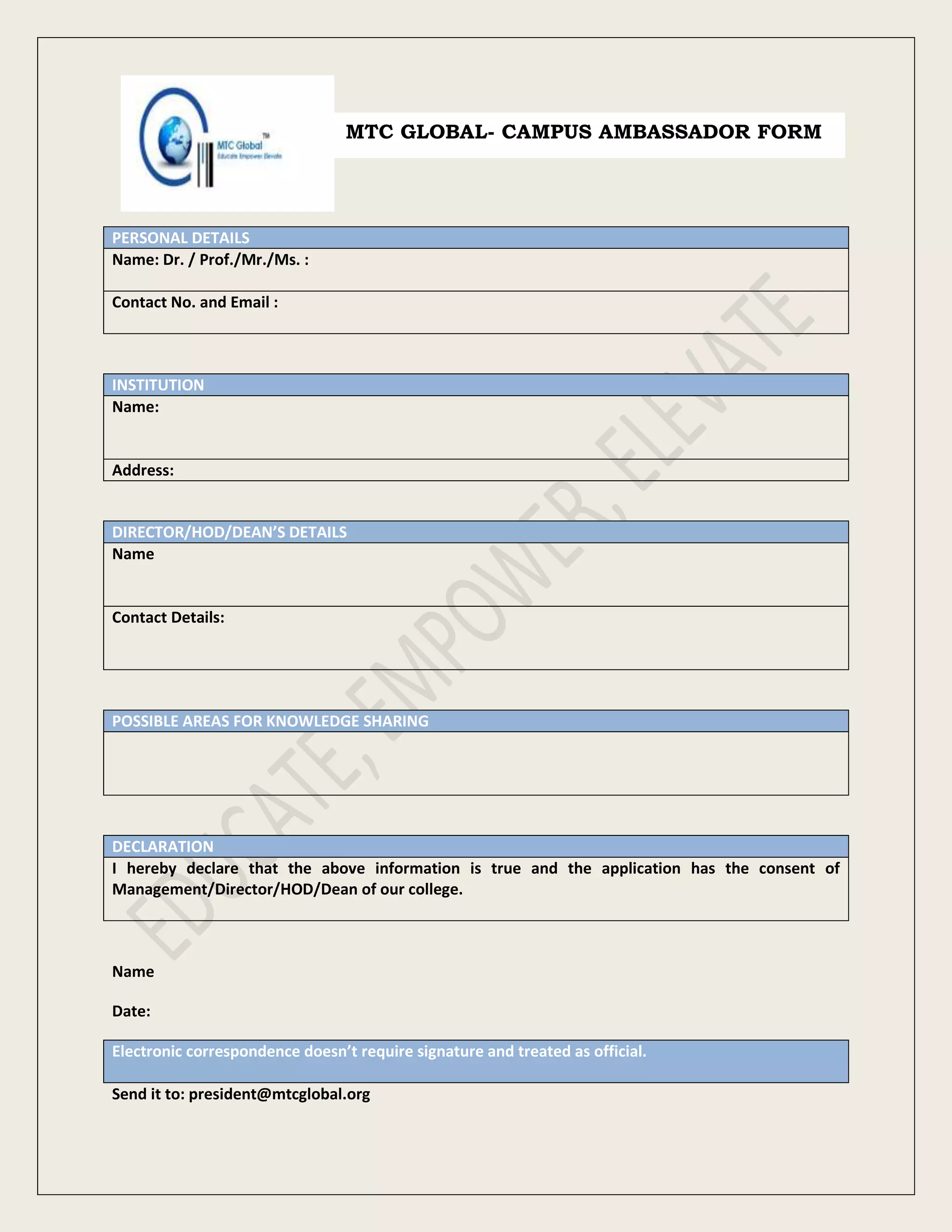 Campus ambassador form mtc global | PDF